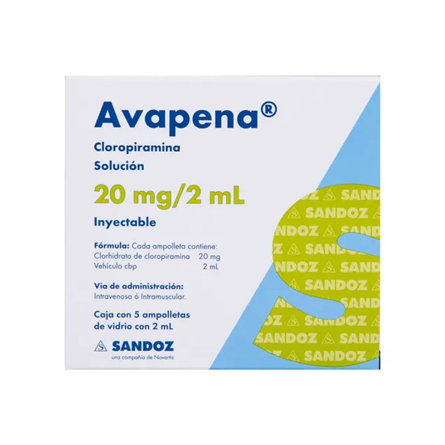 AVAPENA (CLOROPIRAMINA) 20MG/2ML SOLUCIÓN INY. CAJA C/5 AMPOLLETAS CON ...